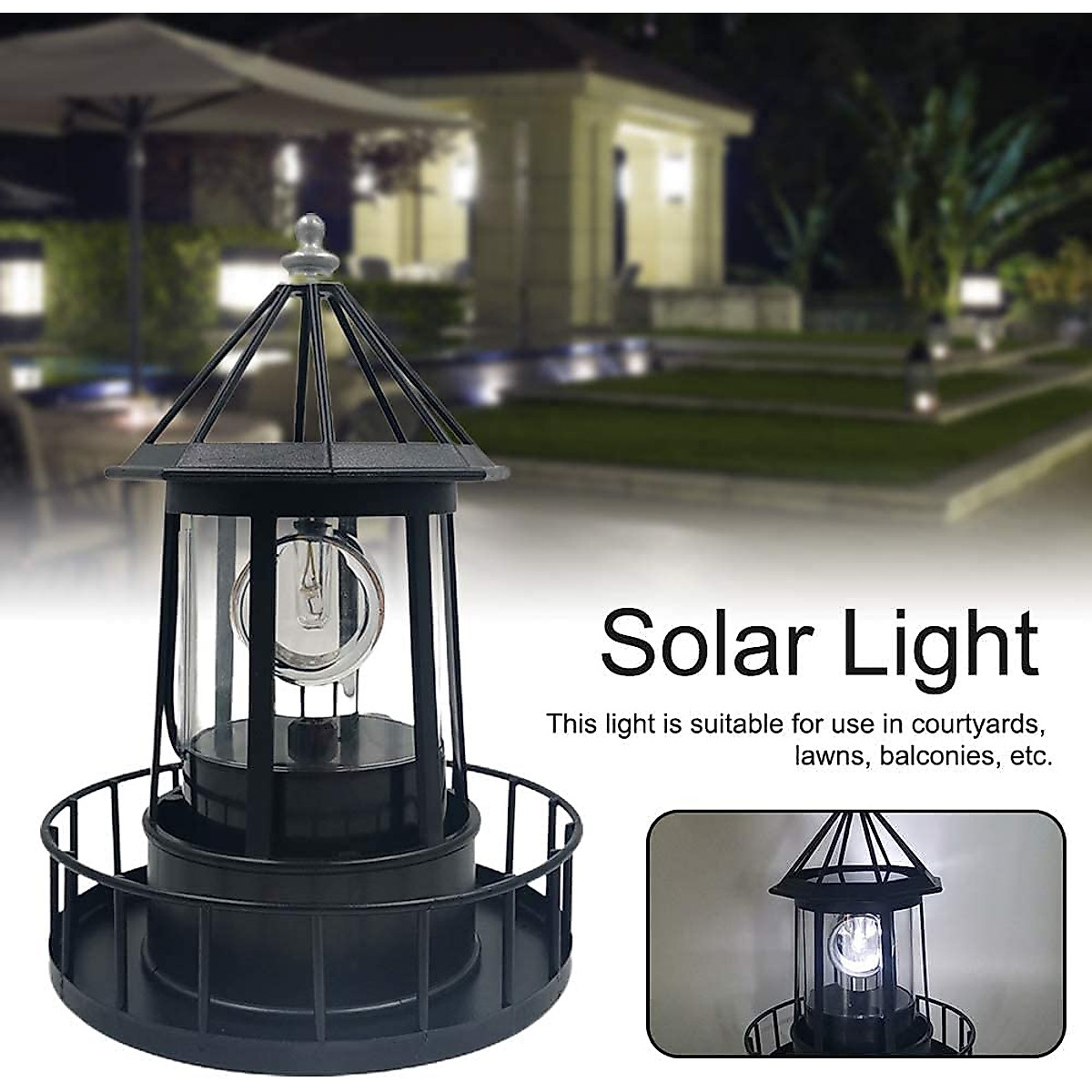 HAKUNA LED Solar Powered Lighthouse, 360 Degree Rotating Lamp Courtyard Decoration IP65 Waterproof Durable Rotatable Outdoor Solar Light Lamp Hanging for Home Garden Yard Décor