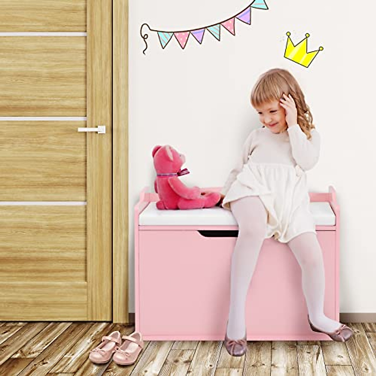 Costzon Kids Wooden Toy Chest, Wide Toy Box Storage Chest with Bench Seat, Toy Storage Trunk Case with Finger-Pinch Prevention, Lift-Top Foot Rest Seat for Toddler Bedroom Playroom Entry (Pink)