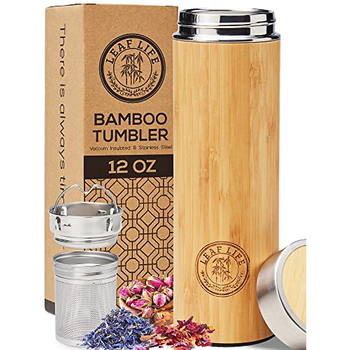LeafLife Sustainable Bamboo Tumbler with Tea Infuser & Strainer 12oz - Keeps Liquid Hot & Cold for 12 Hrs - Vacuum Insulated Stainless Steel Travel Mug - Infuser Bottle for Loose Leaf Tea & Coffee