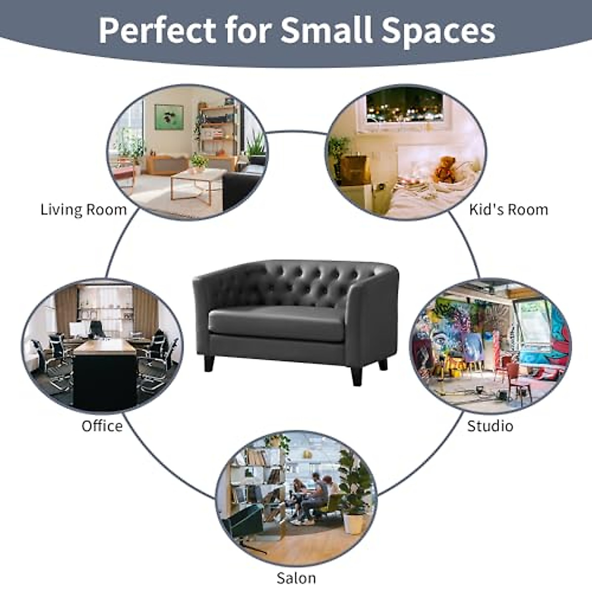 Husbedom 50 Inches Loveseat, Small Air Leather Couch for Small Spaces, Mini Sofa with Button Tufted Décor for Bedroom, Love Seats Furniture, Living Room, Bedroom, Apartment, Dorm, Dark Gray