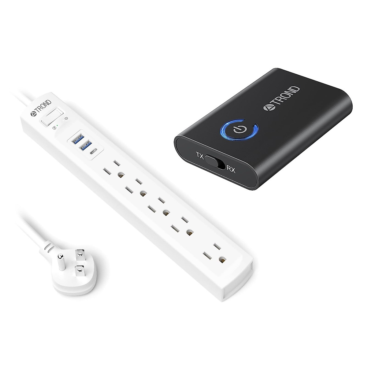 TROND 5 Widely Spaced Outlets with 3 USB Ports(1 USB C)+TROND Bluetooth 5.2 Transmitter Receiver, 2-in-1 Bluetooth Adapter for TV to Airpods or Wireless Headphones, Low Latency