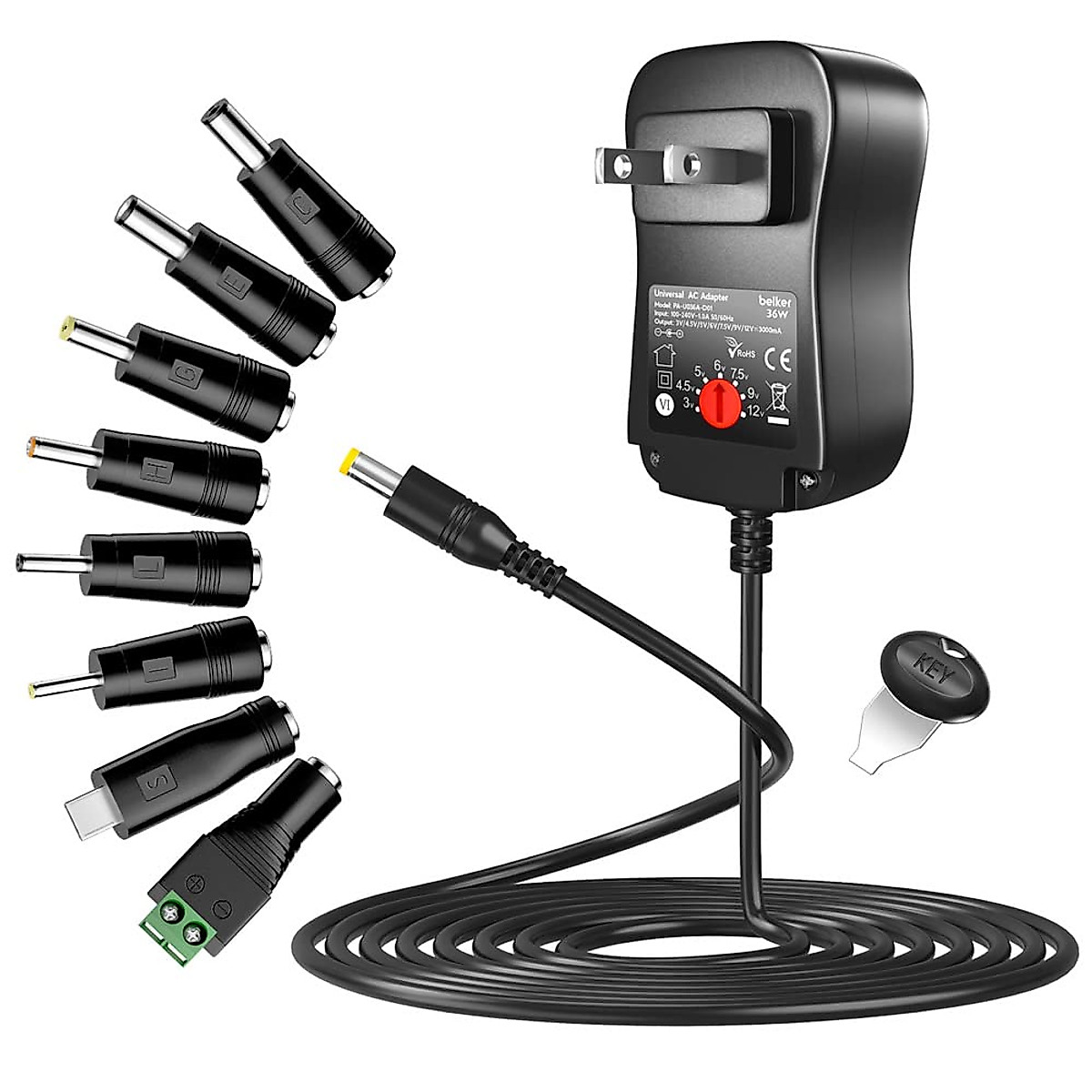 Belker 36W 3V 4.5V 5V 6V 7.5V 9V 12V Adjustable Voltage Universal AC/DC Adapter Power Supply for Household Electronics Security Camera Router LED Strip Light Keyboard Tablet - 3A 3000mA Max.