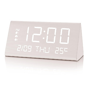 JALL Digital Alarm Clock, with Wooden Electronic LED Time Display, 3 Alarm Settings, Weekday/Weekend Mode, Temperature Detect, Wood Made Electric Clocks for Office, Bedroom, Bedside