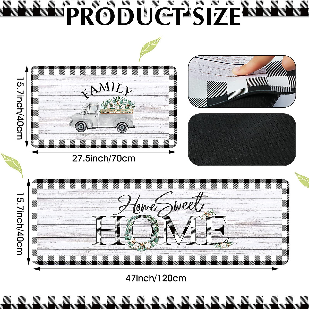 Riakrum 2 Pieces Non Slip Kitchen Mat for Floor Farmhouse Kitchen Rugs and Mats Gray Black White Checkered Rug Cushioned Comfort Standing Mats for Kitchen, 16 x 28 and 16 x 47 Inch