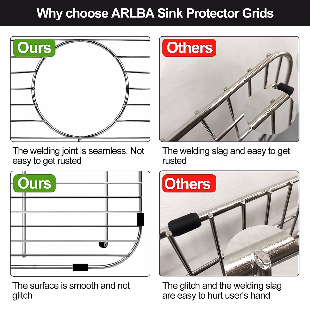 ARLBA 2 Pack 304 Stainless Steel Sink Protectors for Kitchen Sink with Rear Drain Hole,13.2"x11.5"x1.25" Kitchen Sink Grid Universal,Sink Grate Sink Rack for Bottom of Sink with 2Pack Sink Strainers