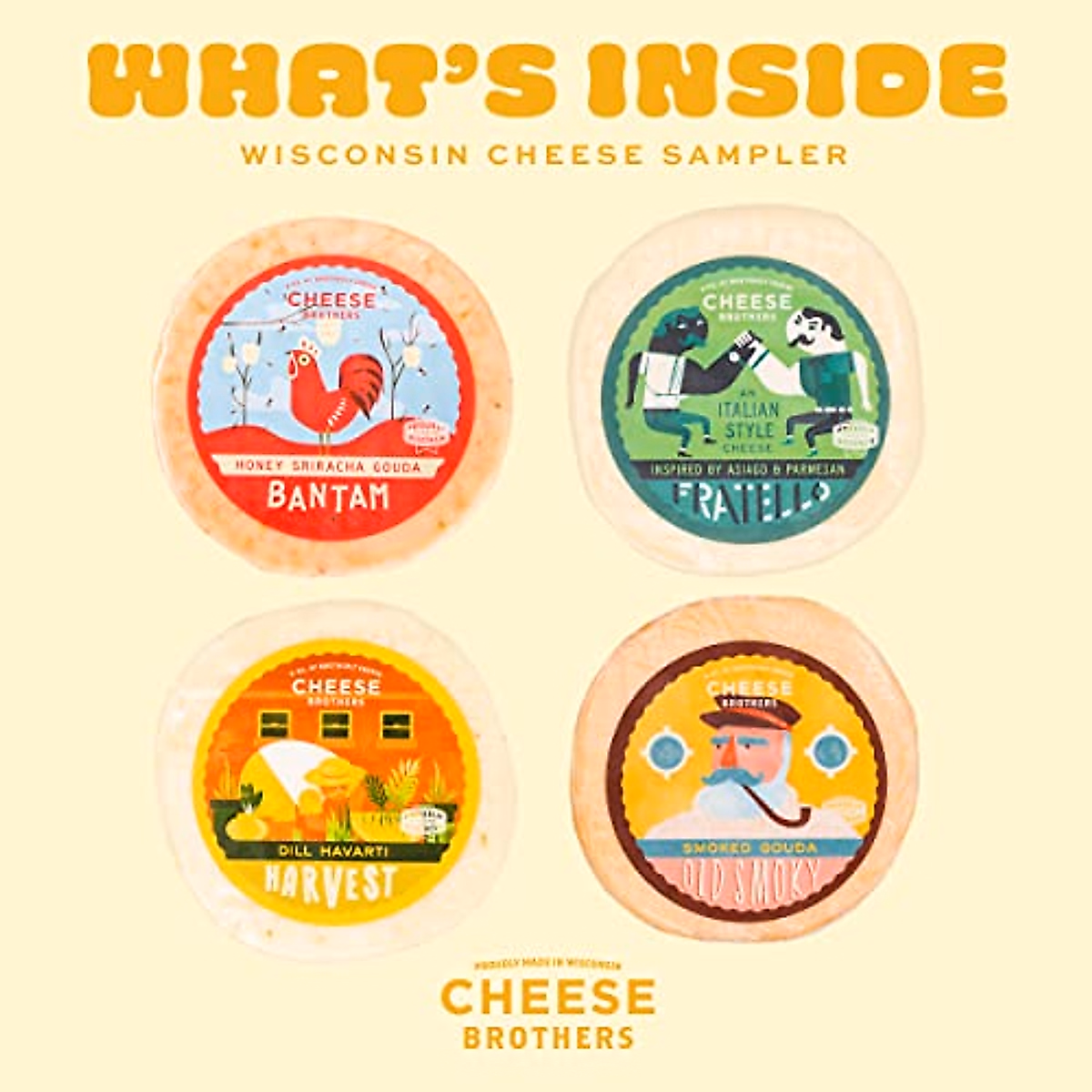 Cheese Bros WI Cheese Sampler | Fresh from Wisconsin | Featuring Dill Havarti, Smoked Gouda, Italian Fratello and Honey Sriracha Gouda | Easy Gift Idea