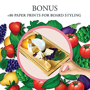 Cheese Board Wood Platter with Gold Brass Cheese Knife Set and Bonus Paper Decorations, Whitewash Wooden Charcuterie Server with Golden Knives (Cheese Board with Utensils and Paper Decor)