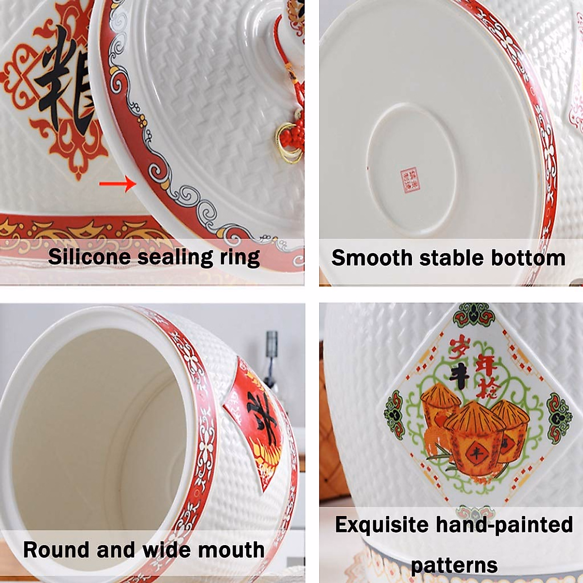 Classic Food Dispensers Ceramic Rice Bucket with Tassel Design, Household Rice Storage Box with Lid, Chinese Sealed Large-Capacity Rice Pot, 4-12.5KG/141-441 OZ