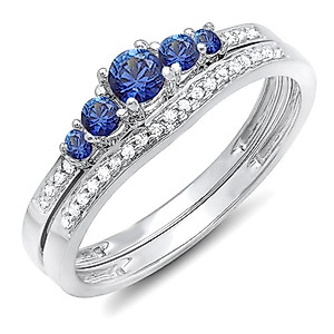 Dazzlingrock Collection 10K Blue Sapphire & White Diamond Women 5 Stone Bridal Engagement Ring Set, White Gold, Size 7