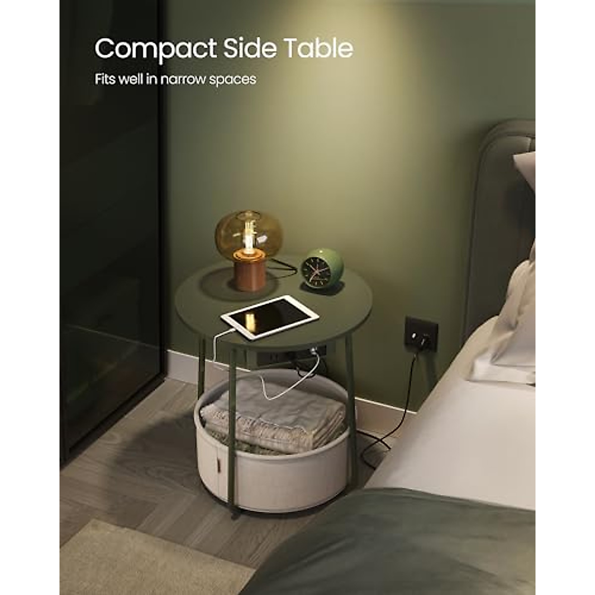 VASAGLE Side Table with Charging Station, Round End Table With Fabric Basket, Nightstand with Power Outlets USB Ports, for Living Room, Bedroom, Modern, Forest Green and Cream White ULET228C04