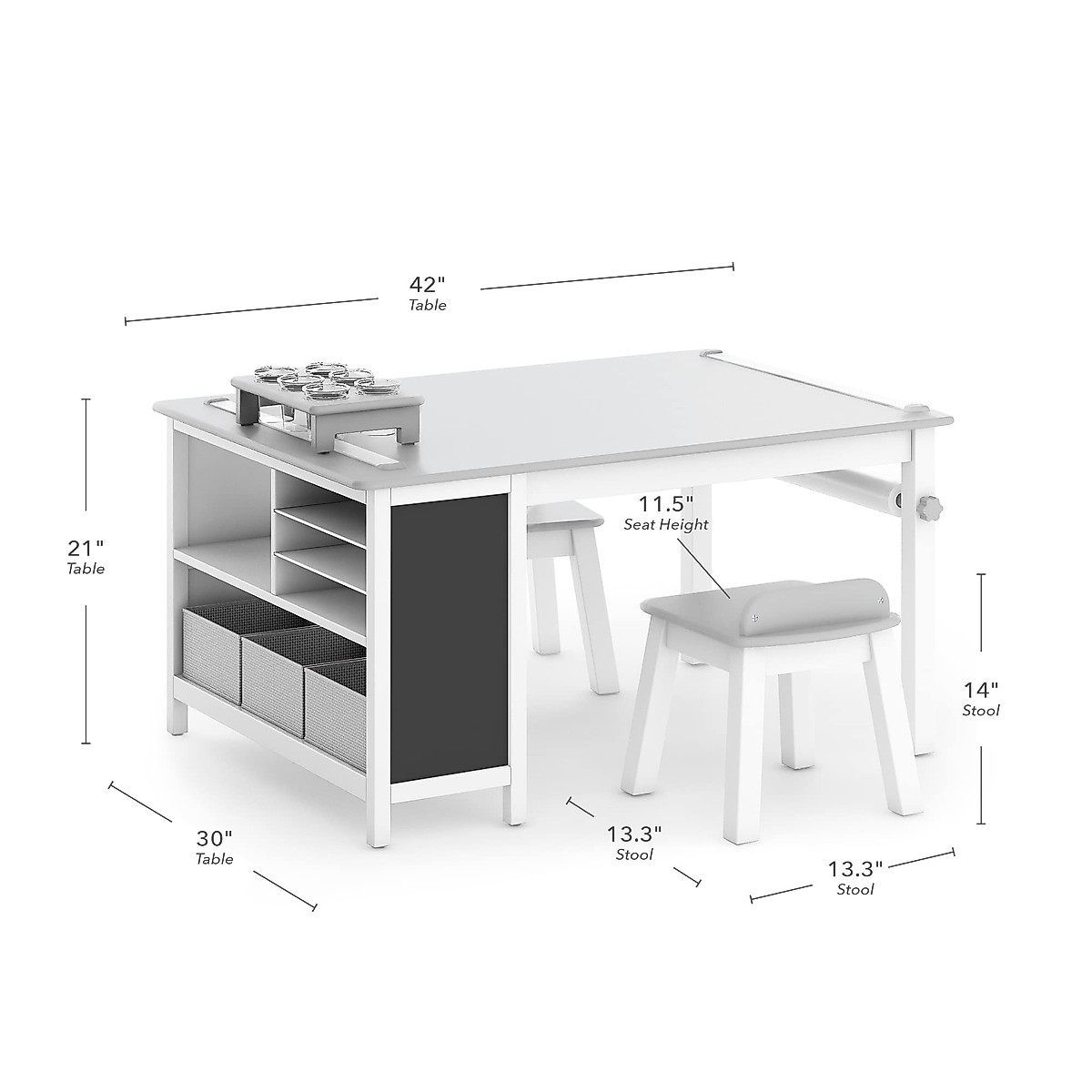 Martha Stewart Kids' Jr. Art Center with Stools and Bins - Creamy White: Storage Bins, Paper Roller, and Paint Cups, Toddlers Work Station - Children's Wooden Learning Furniture