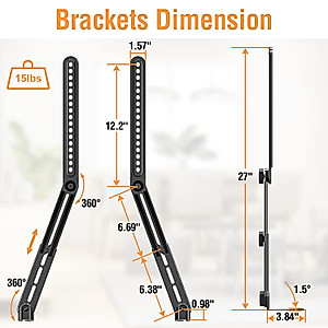 ELIVED Soundbar Mount, Sound Bar TV Bracket, for Mounting Above or Under TV, Fits Most Sound Bars Up to 15 Lbs, Tool-Free Knob Adjustable, for 23-90" TVs with Detachable Extension Arms and L-Brackets
