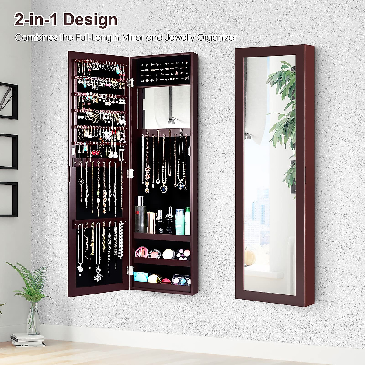COSTWAY Full Length Mirror Jewelry Cabinet, Wall Door Mounted Jewelry Organizer with Makeup Mirror, Ring Slots and Necklace Hooks, Large Storage Jewelry Armoire for Bedroom, Dressing Room (Brown)
