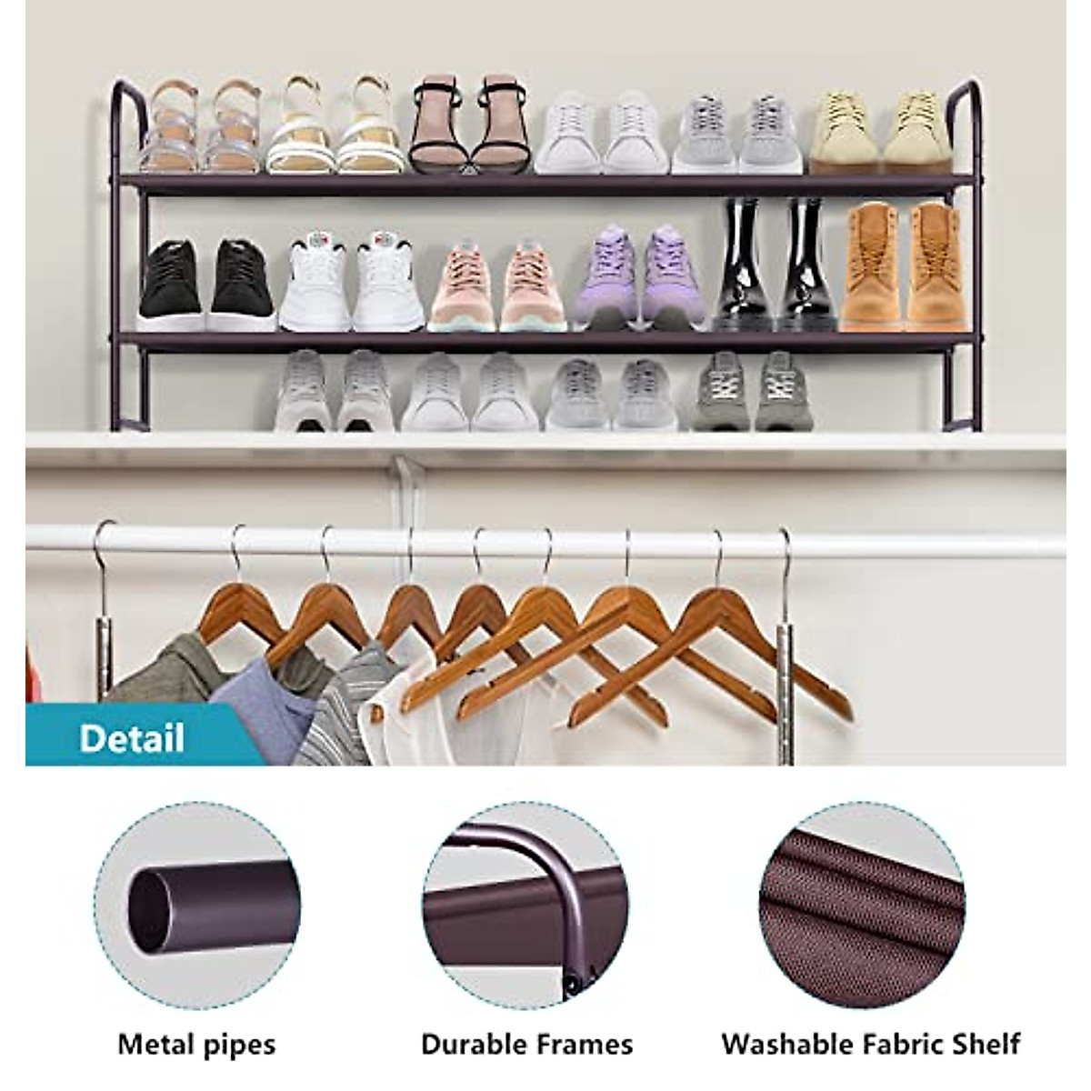 AOODA 2 Tier Long Shoe Rack for Closet Wide Low Shoe Shelf, 28 Large Mesh Pockets Over The Door Shoe Organizer Hanging, 2 Item Bundle