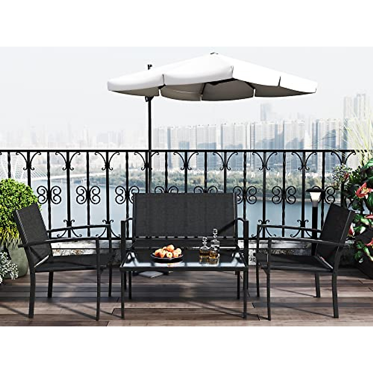 Greesum 4 Pieces Patio Furniture Set, Outdoor Conversation Sets for Patio, Lawn, Garden, Poolside with A Glass Coffee Table, Black