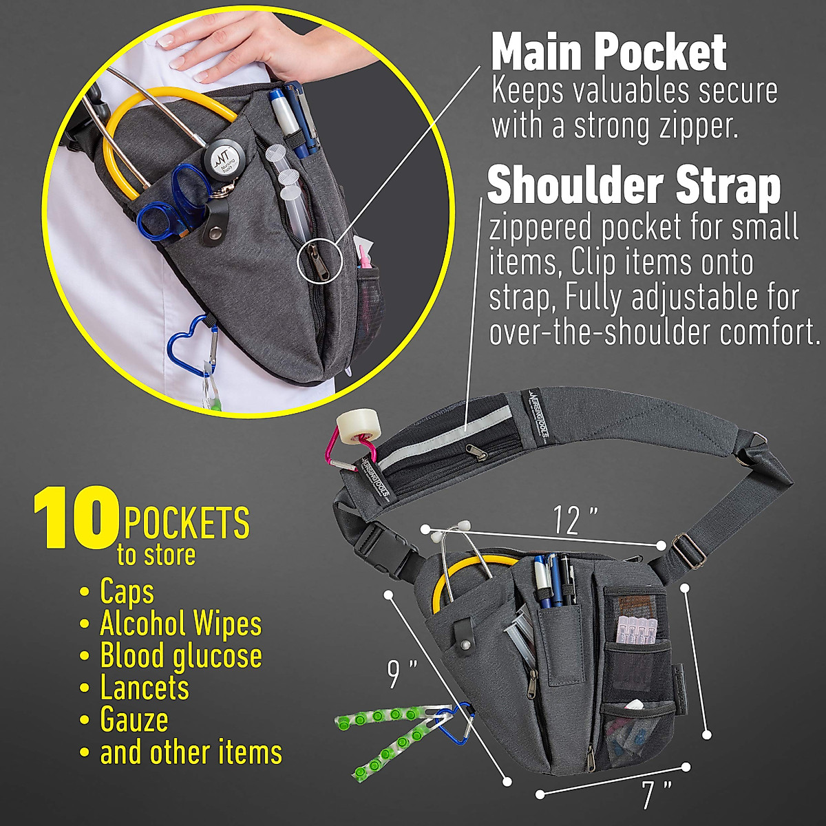 Crossbody Fanny Pack with Holder for Stethoscope, Tape, & Bandage Scissors - Storage for Emergency Supplies - Organizer Bag for Nurses, Student & Medical Professionals