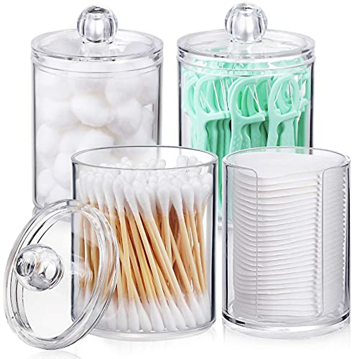 AOZITA 6 Pack Qtip Holder Dispenser for Cotton Ball, Cotton Swab, Cotton Round Pads, Floss - 10 oz Clear Plastic Apothecary Jar for Bathroom Canister Storage Organization, Vanity Makeup Organizer