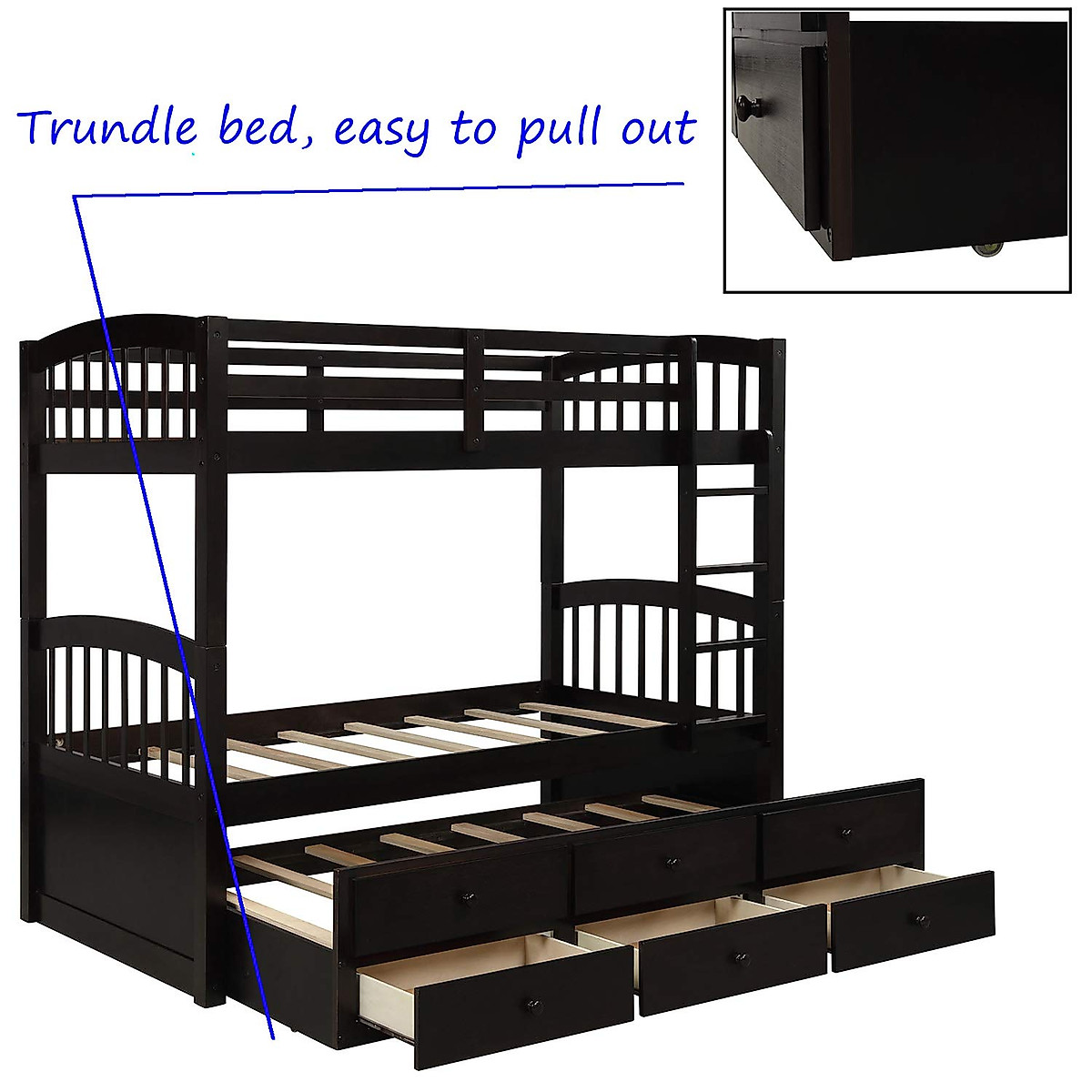P PURLOVE Twin Over Twin Bunk Bed with Ladder, Wood Bunk Bed Frame with Wooden Slat Support, No Box Spring Needed (Espresso)