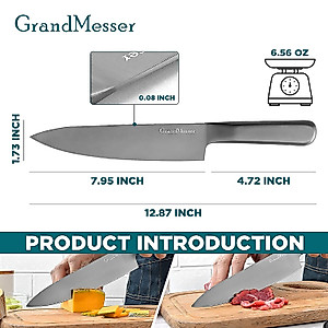 Cooking Chef Knife, 8 Inches Carbon Stainless Steel Kitchen Knife with Sharpener and Ergonomic Handle, Chopping Knife for Professional Use（Matte Stainless）