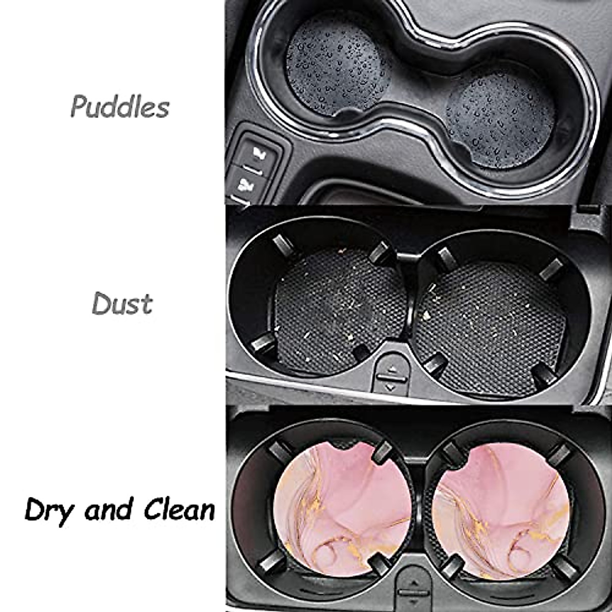 AREAJD 2 Pack Pink Ceramic Car Coasters for Drinks Absorbent 2.56 Inch, Marble/Mandala Car Cup Holder Coaster for Women with Removable Finger Notch, Cute Auto Natural Life Accessories