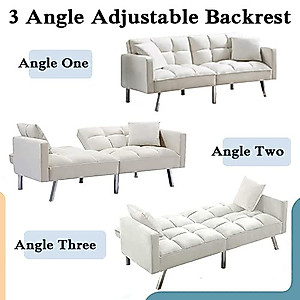 Velvet Futon Sofa Bed with Two Pillows, Convertible Sleeper Sofa Couch with 3 Angle Adjustable Backrest, Modern Loveseat with 6 Metal Legs for Living Room, Bedroom (White)