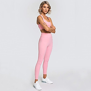 Hotexy Women Workout Sets High Waisted Plain Pink Yoga Leggings with Stretch Sports Bra Gym Set