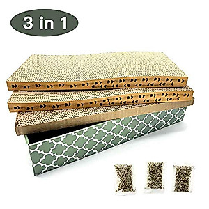 MECOOL Cat Scratcher Cardboard Scratching Pads Scratch Lounge Bed with Catnip 3PCS Reversible Corrugated Cardboard with Scratch Box