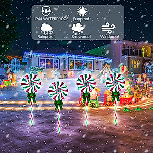 4 Pack 27.5" Lollipop Peppermint Christmas Pathway Lights Outdoor with Bow, Green Red White 80 LED Solar Candy Cane Lights 8 Modes Waterproof, Walkway Markers for Xmas Outsides Garden Yard Decoration