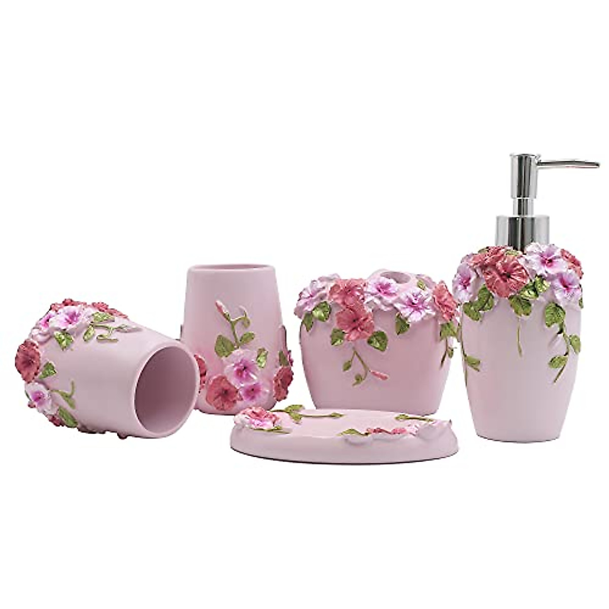 LUANT Vintage Pink Bathroom Accessories, 5Piece Bathroom Accessories Set, Bathroom Set Features, Soap Dispenser, Toothbrush Holder, Tumbler & Soap Dish - Bath Gift Set