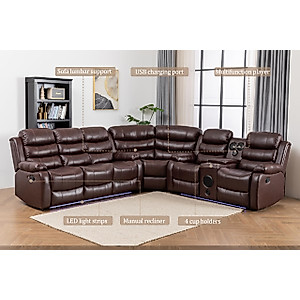 Hybition Faux Leather Living Room Set Modern Reclining Sectional Sofa with LED Light, USB Chargers, Sound System, 4Cup Holders, Hidden Storage, Brown