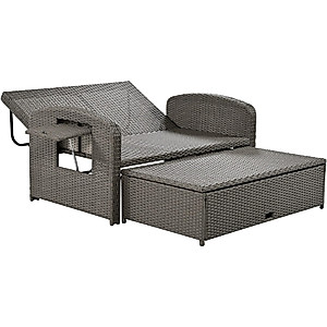 Thirtdos PE Wicker Rattan Double Chaise Lounge, 2-Person Reclining Daybed with Adjustable Back and Cushions, with Furniture Protection Cover (Gray)