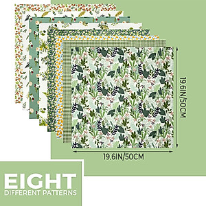Aubliss 8pcs Fat Quarter Fabric Bundles 19.6'' x 19.6''(50cm x 50cm) Cotton Craft Fabric Pre-Cut Squares Sheets for Patchwork Sewing Quilting Fabric(Green Floral)