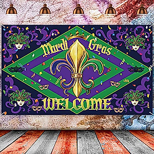 Mardi Gras Backdrop Banner Mardi Gras Party Decorations Extra Large Photo Booth Background Masquerade Party Banner for Mardi Gras Party Supplies, 70.8 x 43.3 Inch