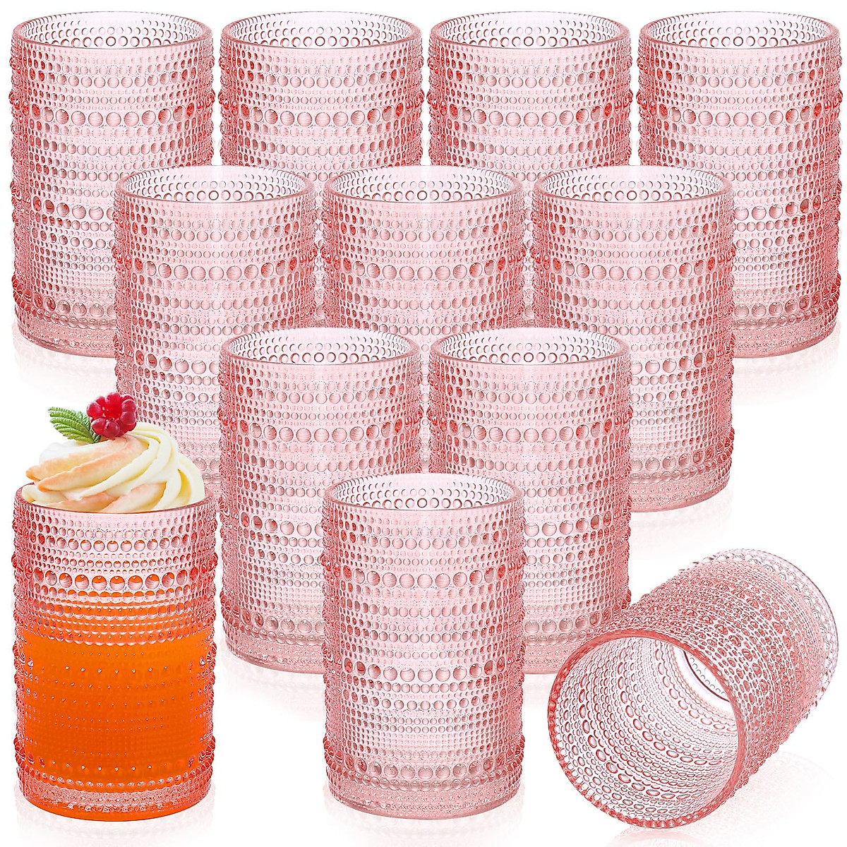 Roshtia 12 Set Pink Hobnail Beaded Drinking Glasses 15 oz Vintage Glassware Old Fashioned Iced Beverage Glasses Textured Cocktail Glasses Embossed Glassware Cups for Juice, Water, Not Dishwasher Safe