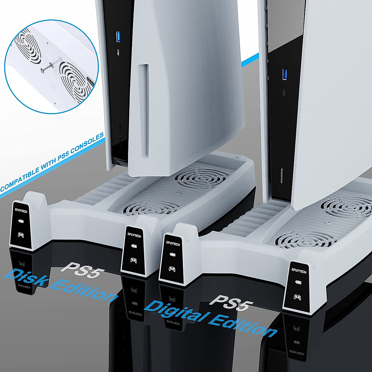 PS5 Vertical Stand Cooling Fan for PS5 Console and Playstation 5 Digital Edition, PS5 Accessories Stand with Dual Controller Charging Station, 2-in-1 Cable and 15 Game Storager