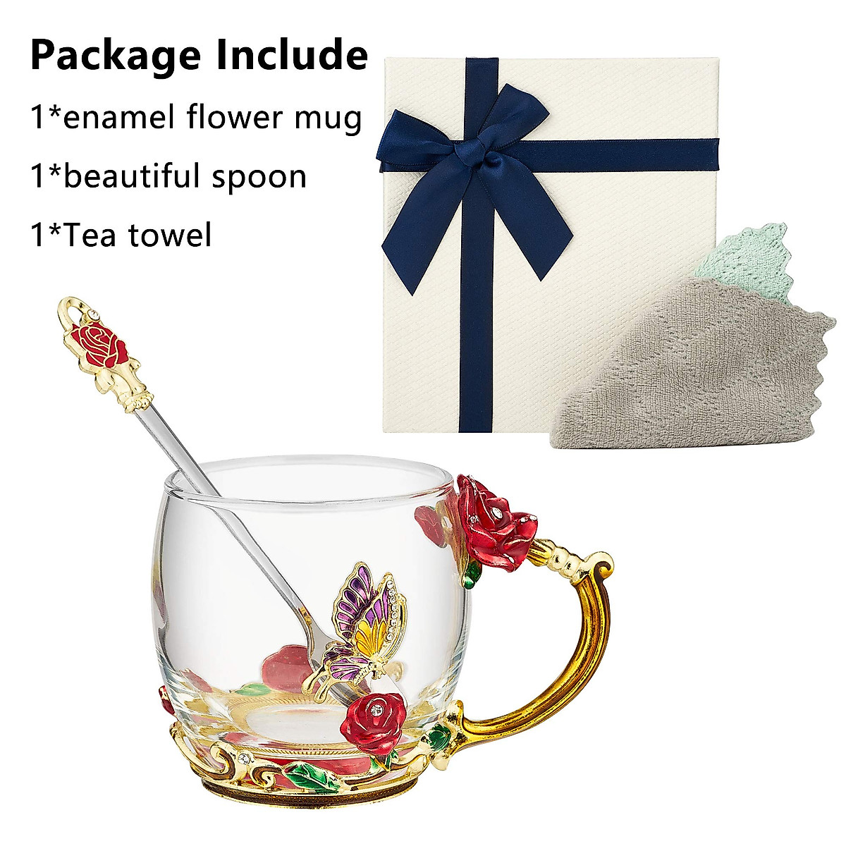 JLTPH Enamel Flower Glass Tea Cup, Clear Lead-Free Coffee Mugs with Spoon Cleaning Cloth, Tea Cup with Elaborate Handle for Women Birthday Valentines Wedding Day Mother's Day Gifts