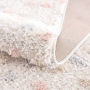 Hauteloom Tilos Dalmatian Living Room Bedroom Nursery Shag Area Rug - Shaggy Carpet - Dot Pattern - High Plush Pile - Pink, Cream, Grey, Beige - 5'3" x 7'