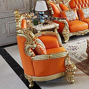 DEKIST Solid Wood Leather Sofa, European-Style Villa Living Room Luxury Leather Sofa, Mansion Solid Wood Furniture Suitable for Villa Living Room with Pillows