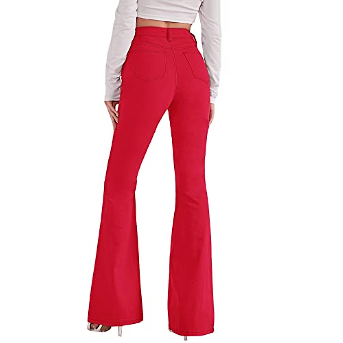 SweatyRocks Women's Casual Denim Pants Heart Print High Waist Stretchy Bell Bottom Flared Jeans Solid Red L