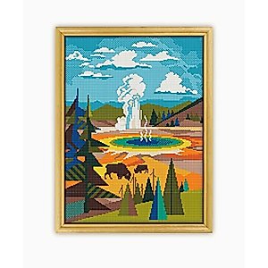 Yellowstone National Park CS419 - Counted Cross Stitch KIT#2. Set of Threads, Needles, AIDA Fabric, Needle Threader, Embroidery Clippers and Printed Color Pattern Inside.