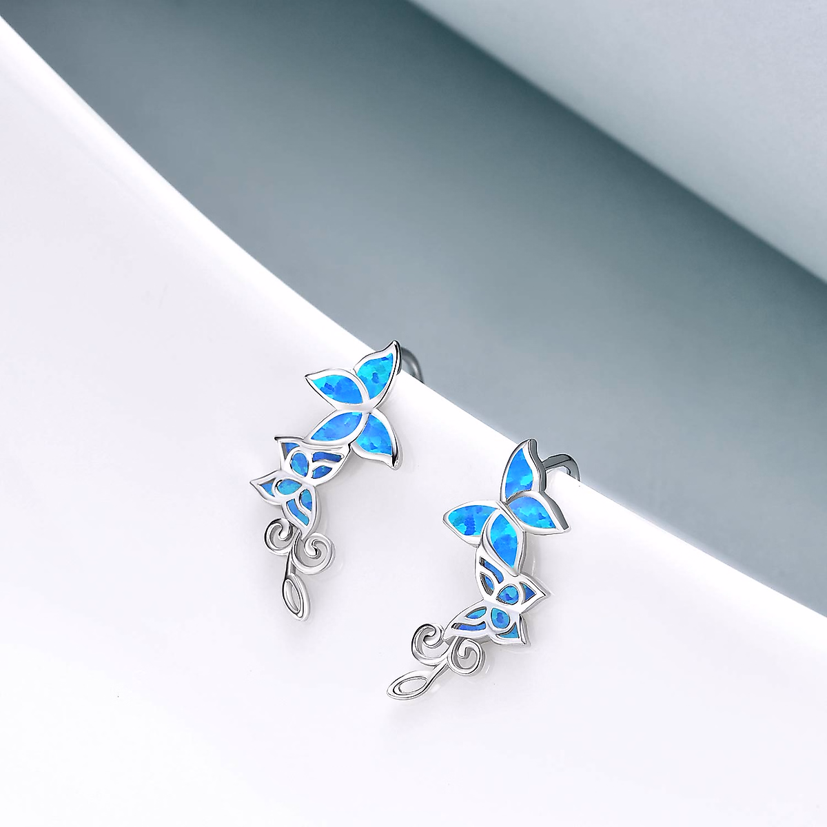 WINNICACA Ear Climbers Earrings for Women Sterling Silver Climber Earrings Created Blue Opal Ear Butterflies Crawler Earrings for Women Butterfly Stud Earrings for Women