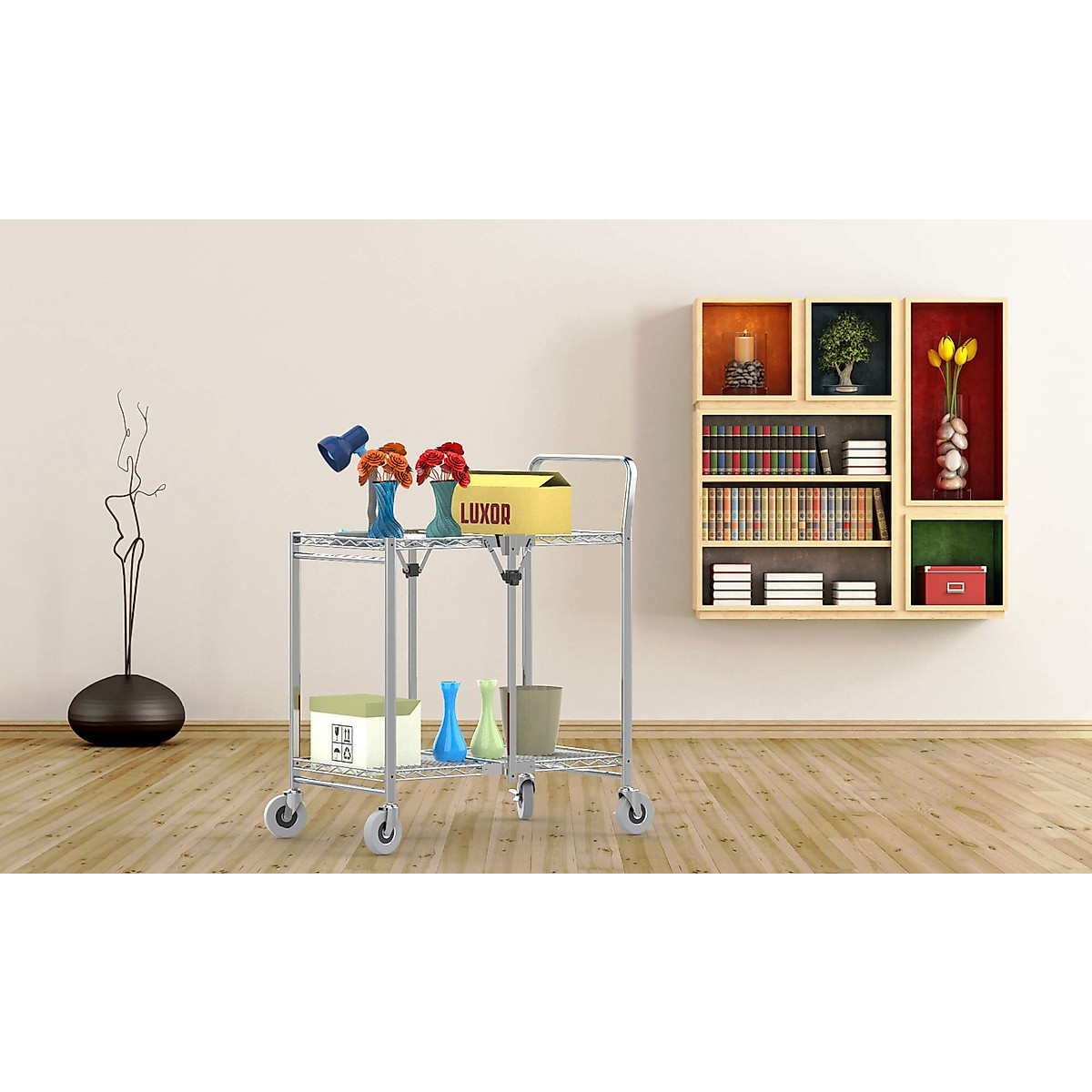 LUXOR WSCC-2 Two-Shelf Collapsible Wire Utility Cart with Wheels, Push Heavy Duty,Holds 200 Pounds and Folds Up for Storage, 37"W x 18.25"D x 30.5"H