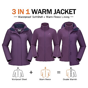 CAMELSPORTS Womens Ski Jackets Waterproof Fleece Snow Coat 3 in 1 Snowboarding Jackets Winter Warm Windbreaker Raincoat Outdoor