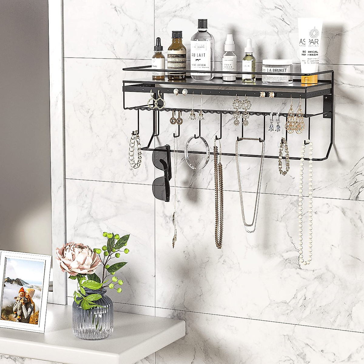 Gothic Wall Mounted Jewelry Organizer - Hanging Necklace, Earring, Bracelet Holder with Hooks and Shelf - Goth Room Decor, Iron Jewelry Display Storage Rack for Bedroom & Closet-MK238A