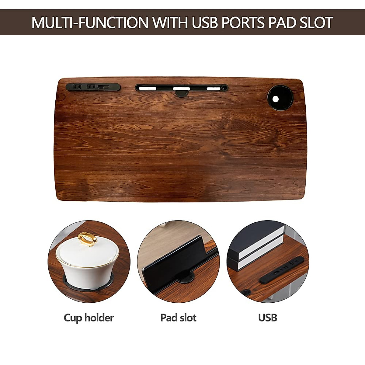 Over bed Table Pneumatic Adjustable Height Stand Desk with hidden wheels USB Ports Pad slot Mobile Laptop Standing Desk Cart, Podium table (Wanult, 32X16 inshes)