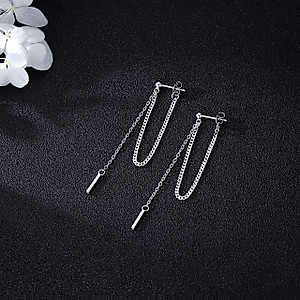 SLUYNZ Solid 925 Sterling Silver Bar Dangle Earrings for Women Minimalist Dangle Earrings Threader Chain (A-Silver)