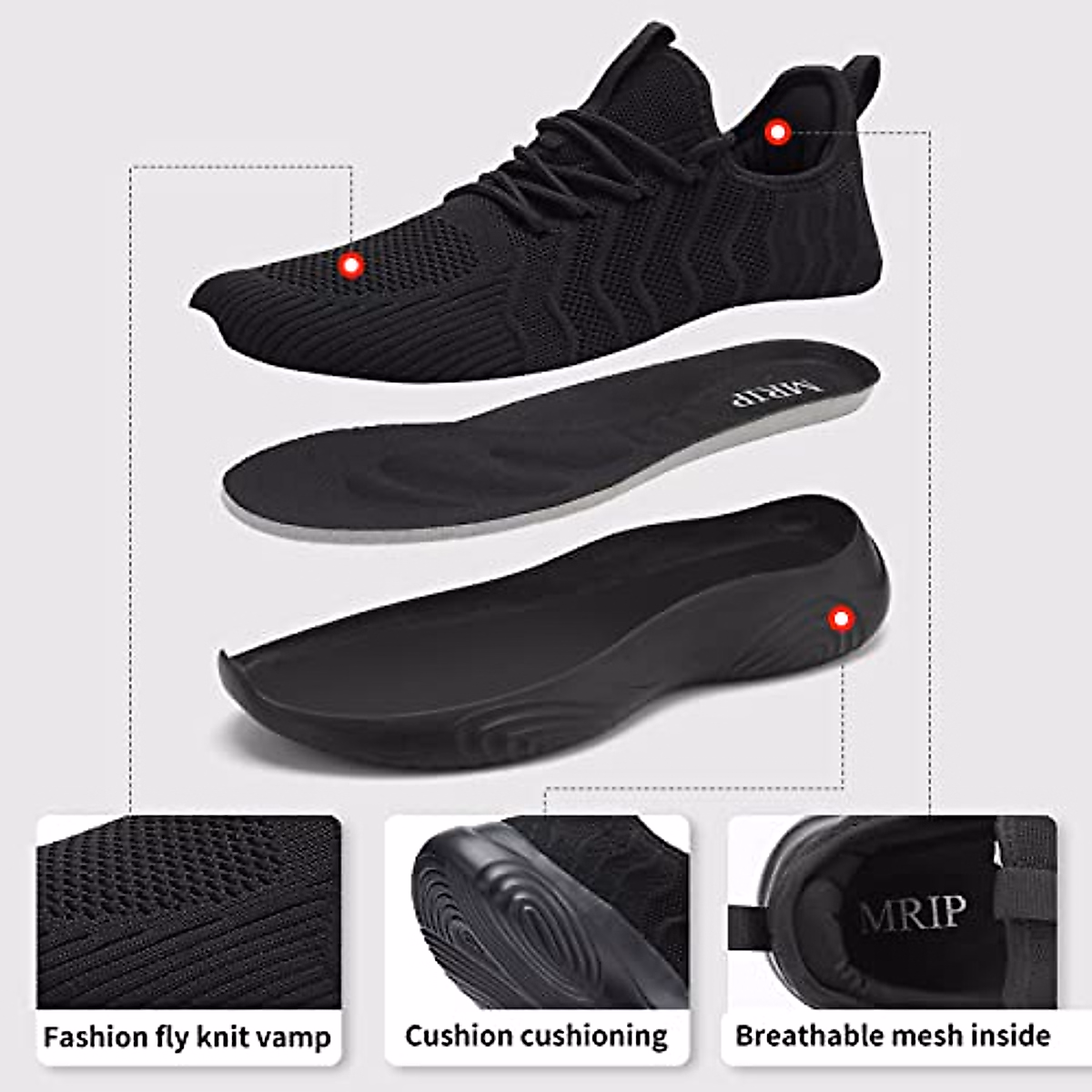 MRIP Men's Walking Shoes, Lightweight Non Slip Gym Workout Running Shoes for Men, Mesh Breathable Fashion Tennis Athletic Casual Sneakers All Black 12