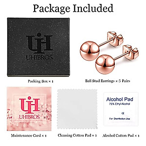 UHIBROS Hypoallergenic Studs Earrings 316L Surgical Stainless Steel Earrings Round Ball Earring for Women Men 5 Pairs Assorted Sizes(4mm-8mm)