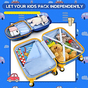 GYMAX 2Pc Kid Carry On Luggage Set, 12" & 18" Kids Suitcase with 4 Spinner Wheels, Travel Rolling Trolley (Cars)