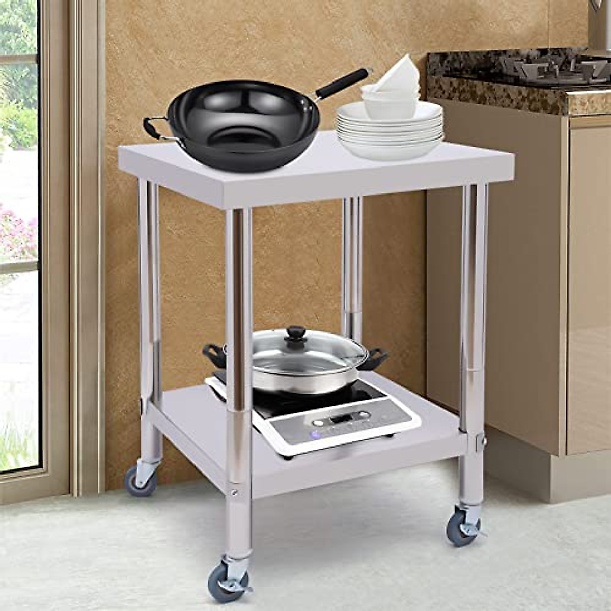 Fichiouy Rolling Stainless Steel Workstation Food Prep Worktable with Undershelf, Stable Heavy Duty Commercial Table with Wheels Easy Assembly